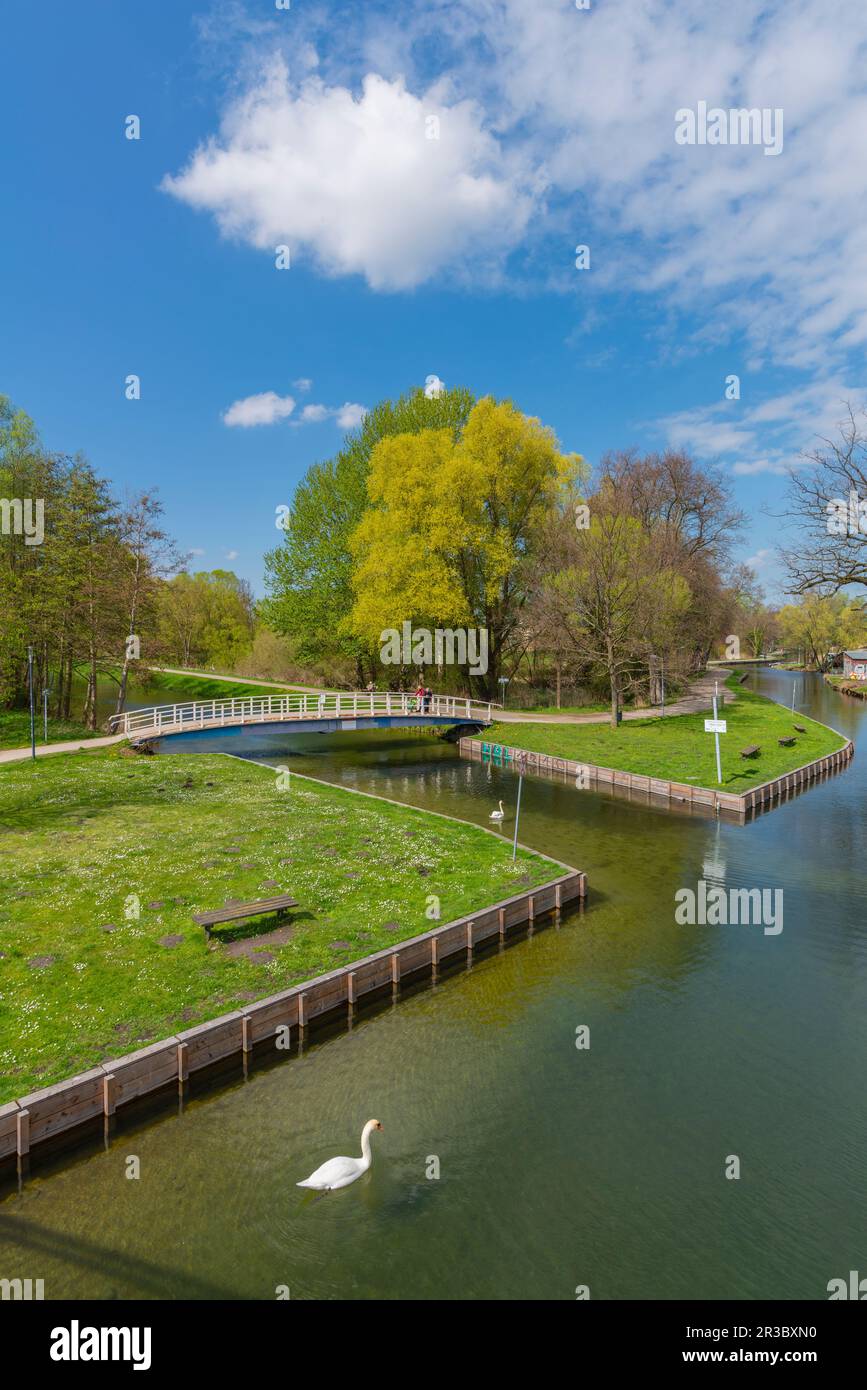 Oberbach and bridge across Oelmuehlenbach, town Neubrandenbrug ...