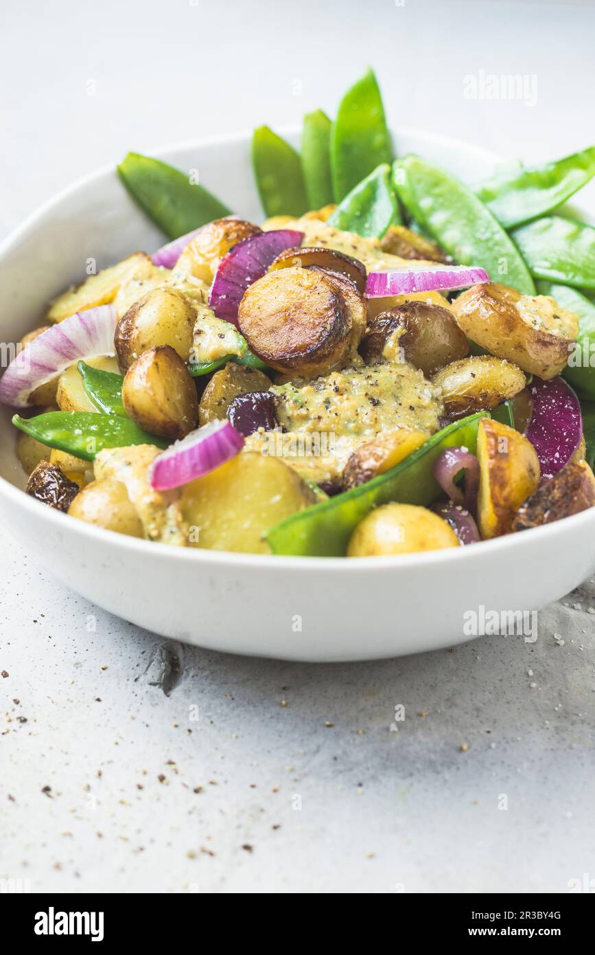 Grilled potato salad with sugar snap peas and garlic mustard dressing ...