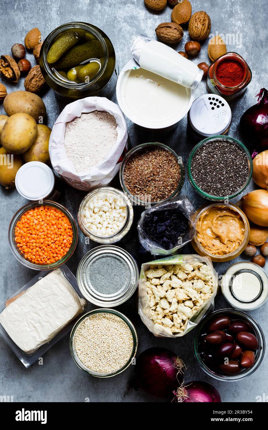 Vegan pantry staple ingredients Stock Photo - Alamy