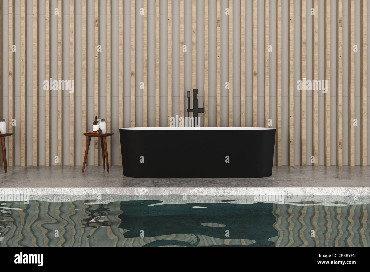 Bathroom with black-white bathtub with reflection on pool water in ...