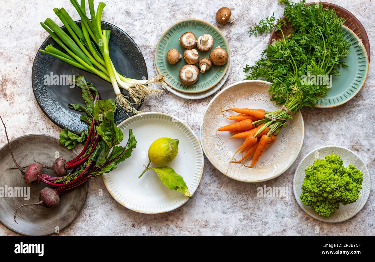 Ingredients from organic vegetable box delivery Stock Photo - Alamy