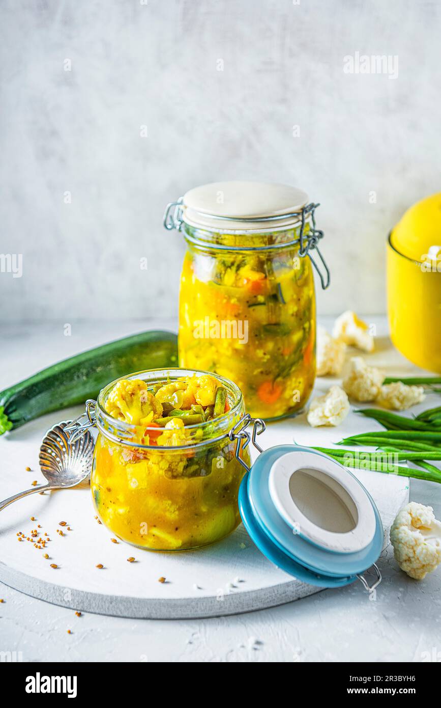 Piccalilli made with couliflower, beans, courgettes, carrots, onions ...