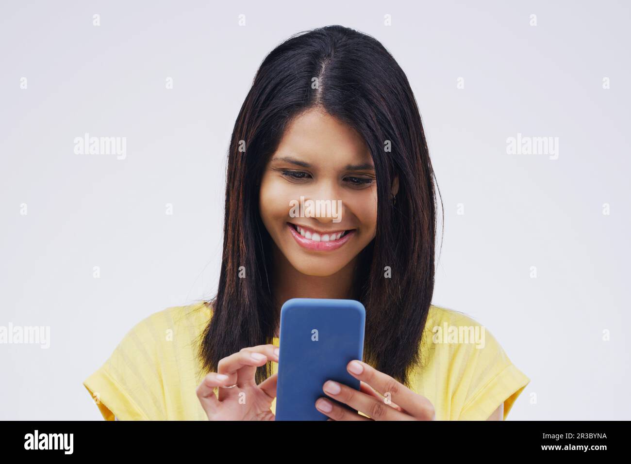 Typing, smile and woman with a cellphone, connection and network ...