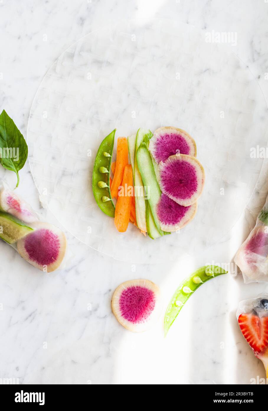 Ingredients for raw fruit and vegetable spring rolls Stock Photo - Alamy