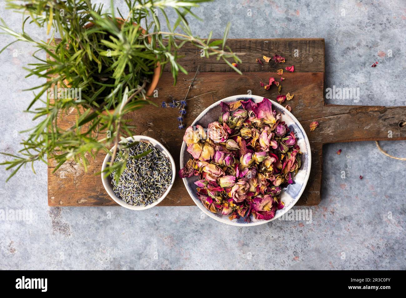 Edible dried petals - lavender, rose petals, rosemary Stock Photo - Alamy