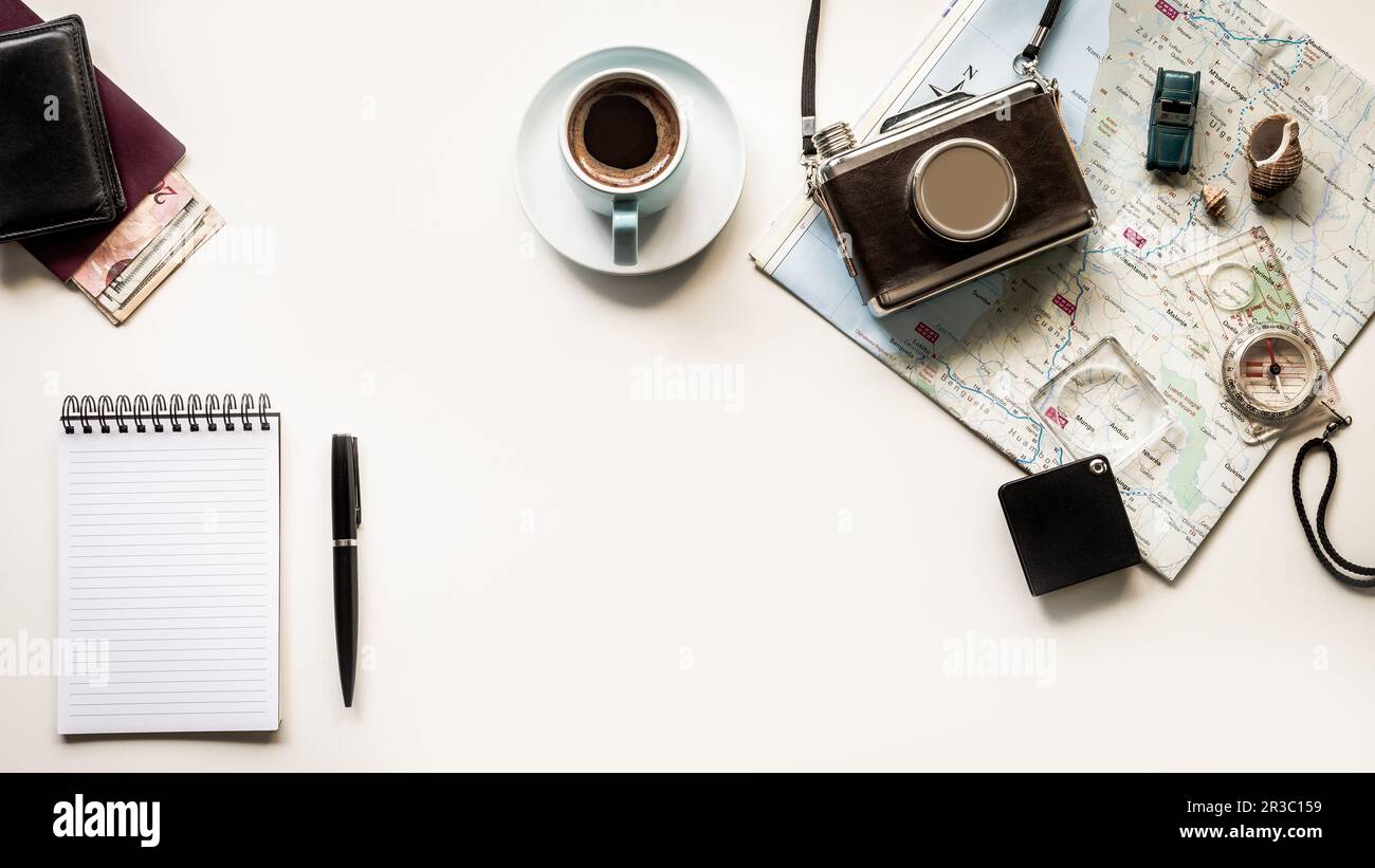 Flat Lay Top View vintage Map for planning a trip or vacation with scattered items Stock Photo ...