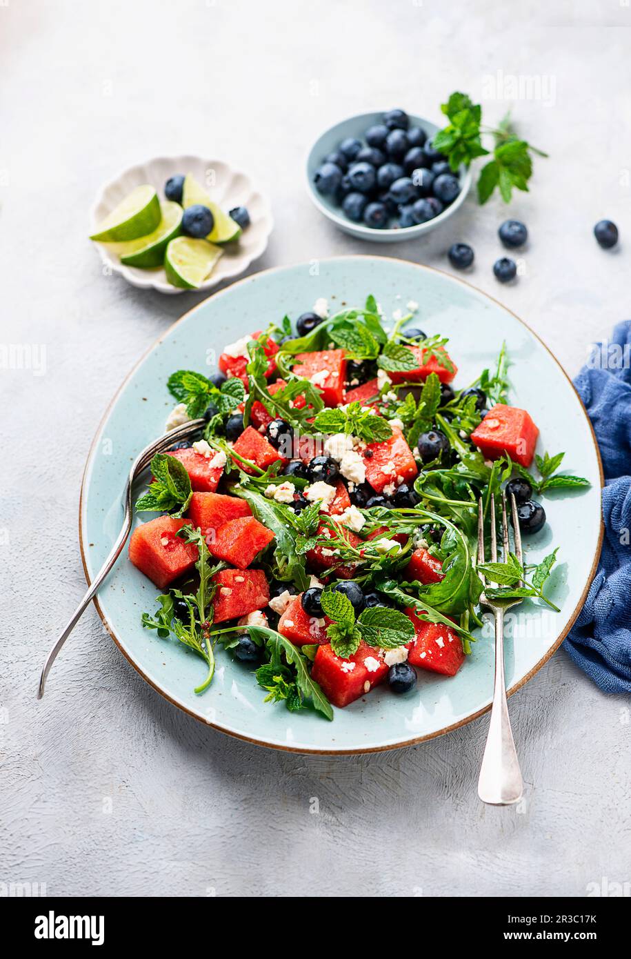 Fresh rocket salad with watermelon, blueberries and feta cheese Stock ...
