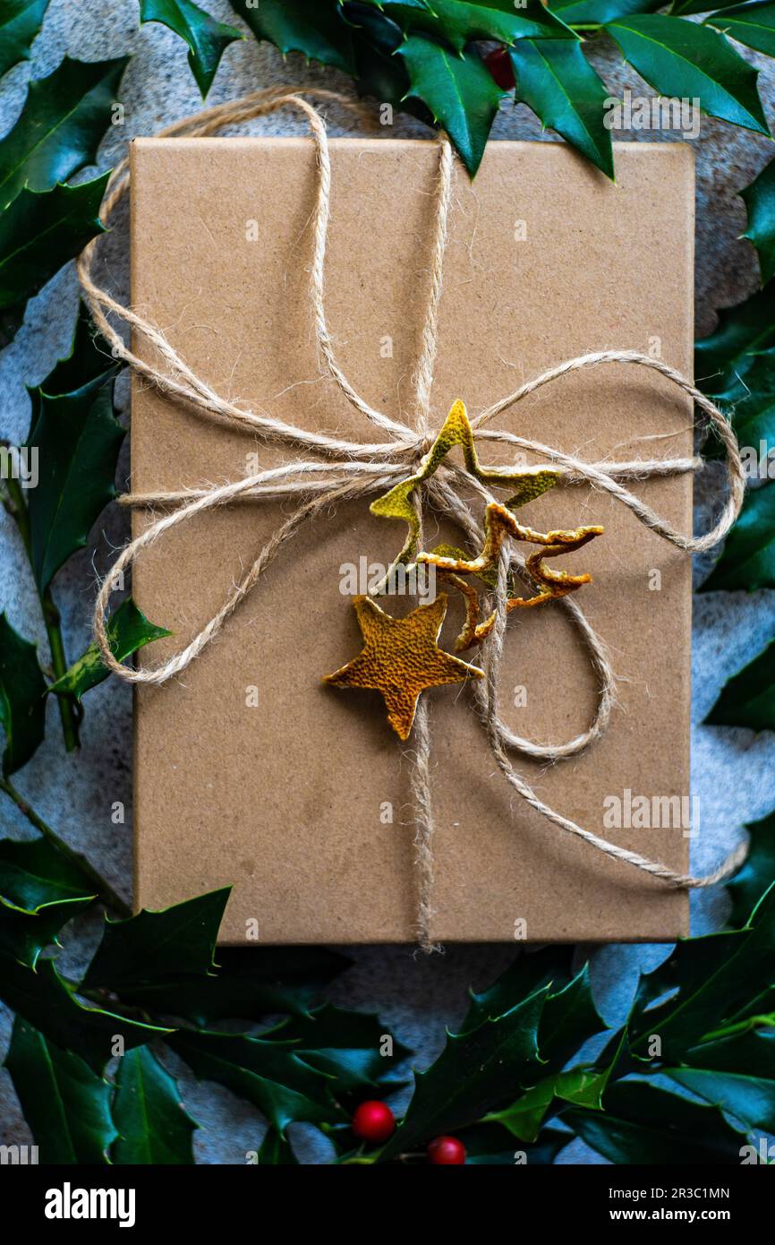 Rustic gift box decorated with fresh holly berry plant on concrete ...