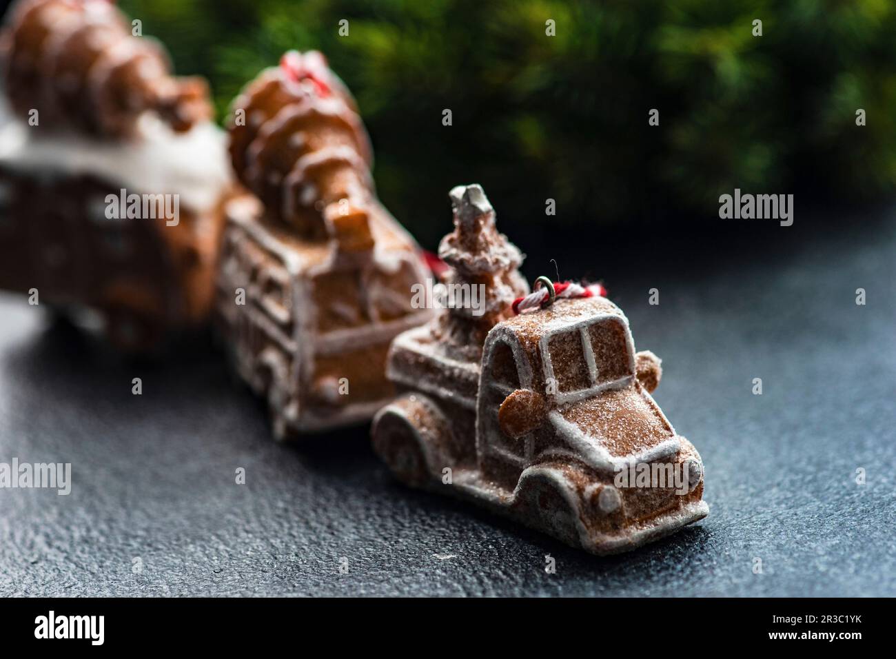 Gingerbread cookies shaped in cars and trucks covered with sugar Stock ...