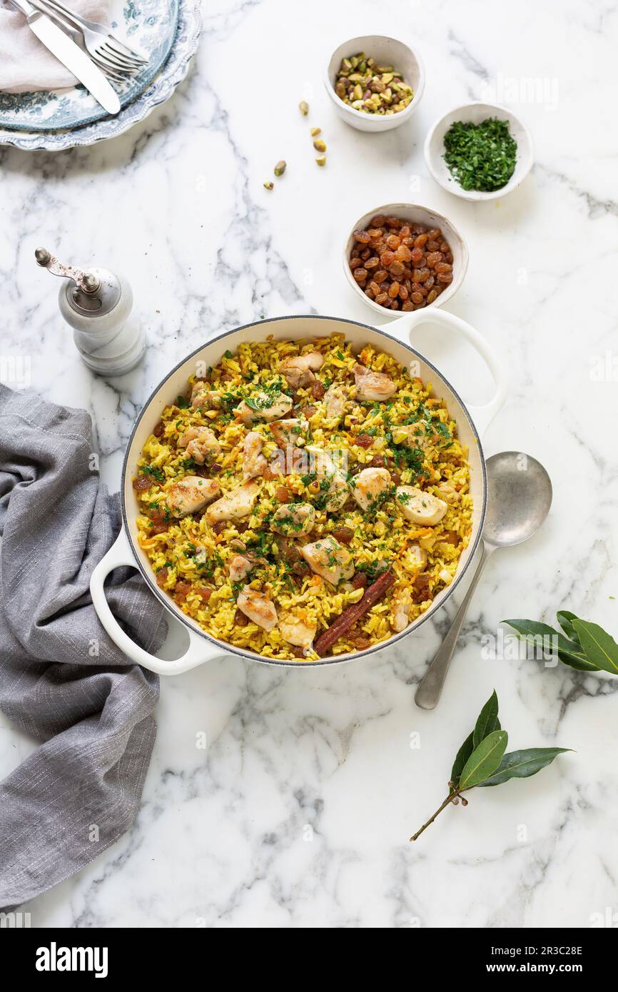Chicken pilaf with sultanas and nuts Stock Photo - Alamy