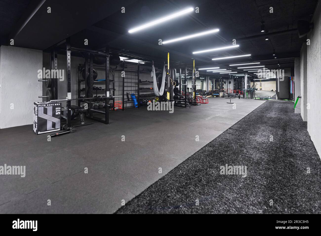 An empty modern gymnasium with a variety of equipment, offering a ...