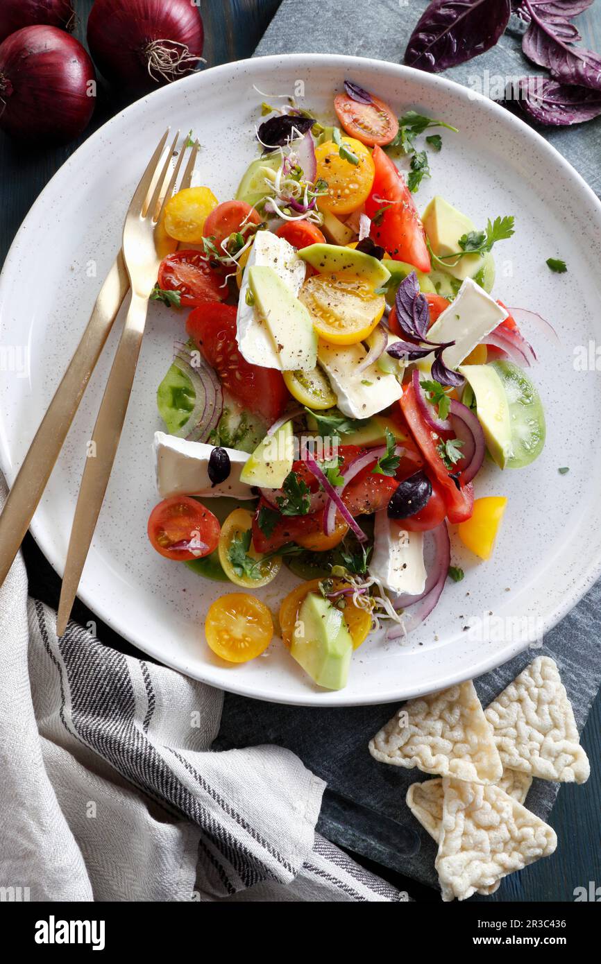 Multi-colored tomato salad with camembert and sprouts Stock Photo - Alamy