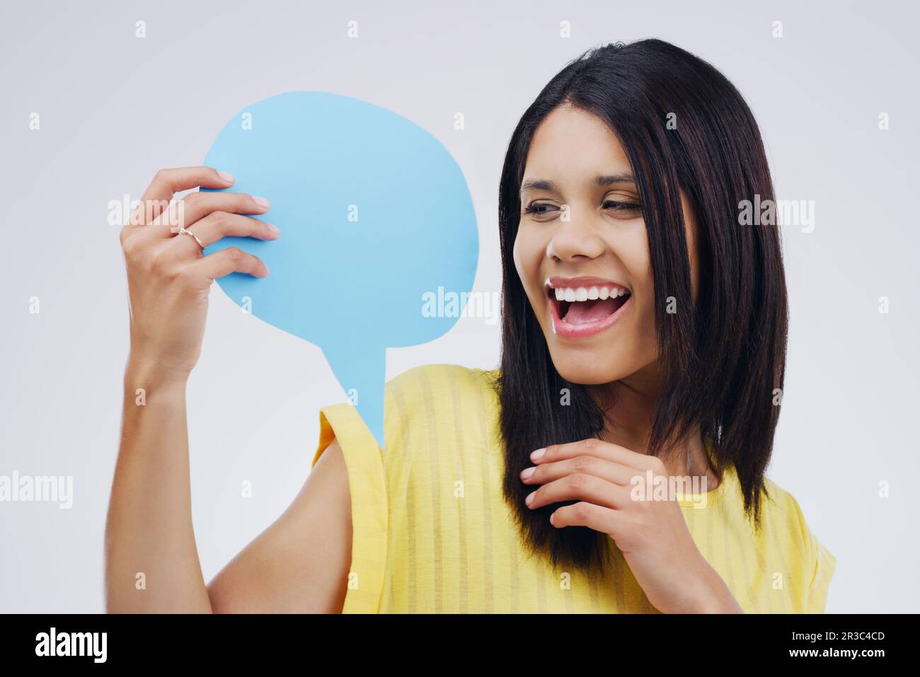 Happy woman is excited, speech bubble and social media with mockup ...