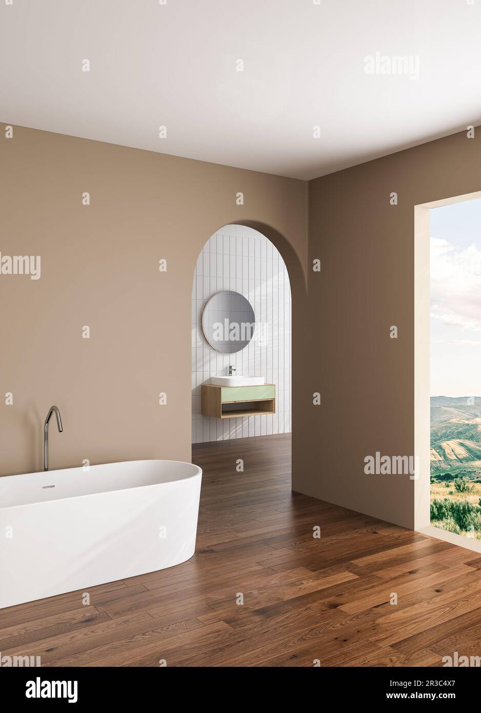 Beige minimalist bathroom interior with sun rays, cabinet, oval mirror ...