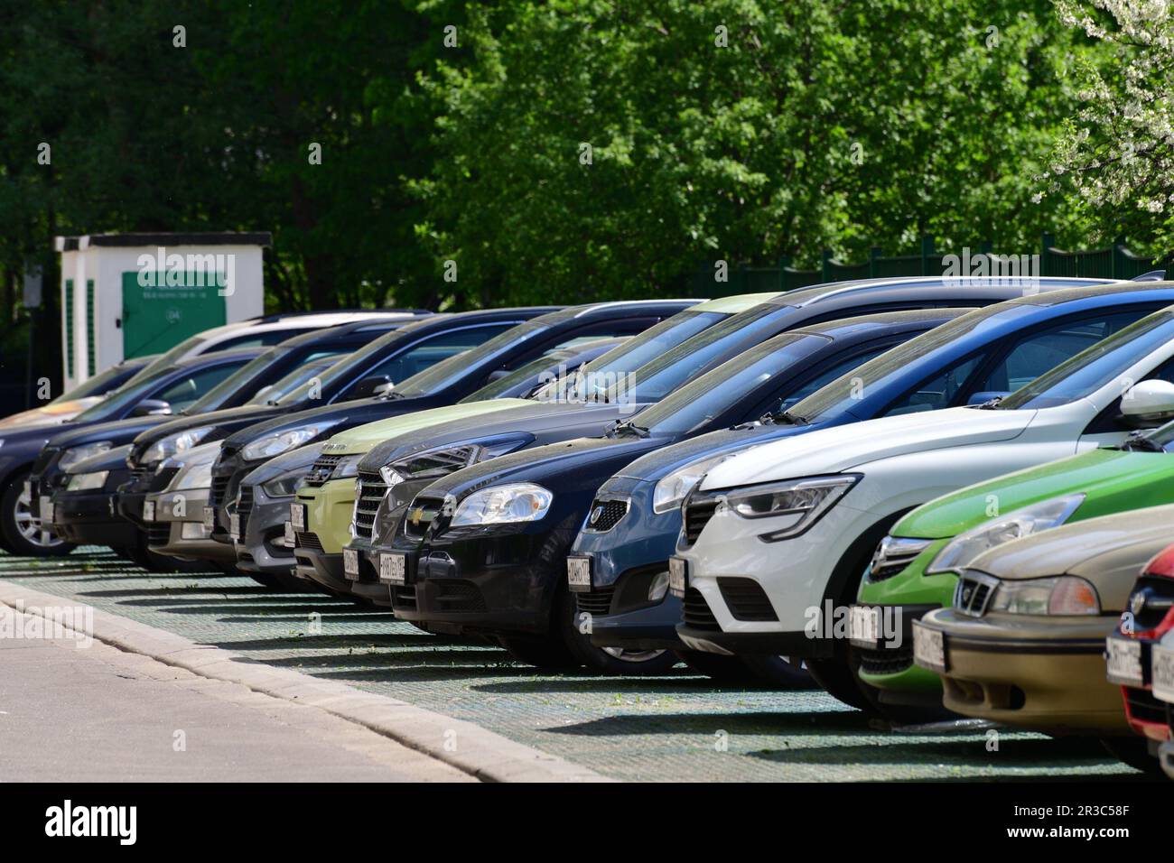 Moscow, Russia - 17 May. 2021. Row of cars parked along road Stock ...