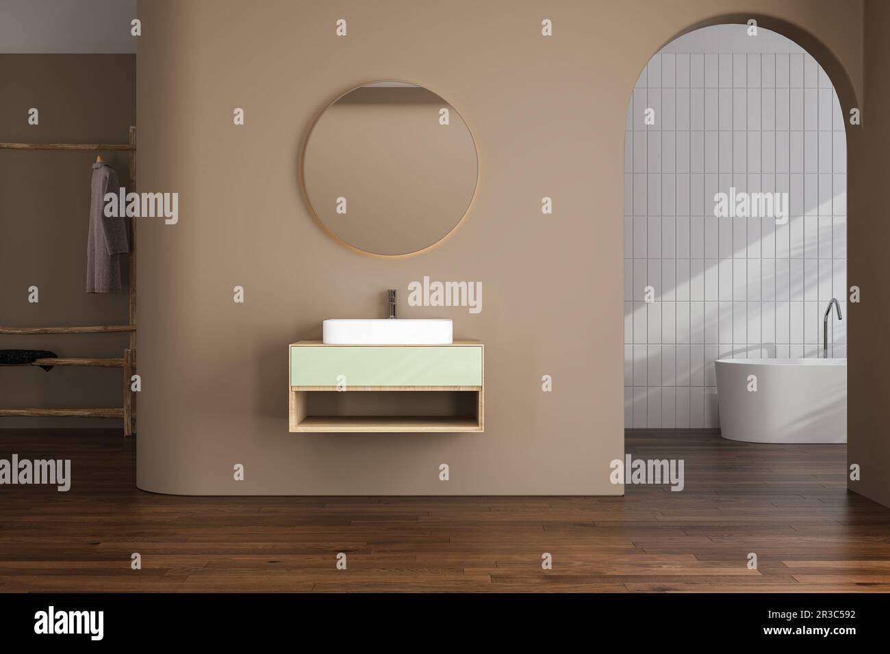 Beige minimalist bathroom interior with sun rays, cabinet, oval mirror ...