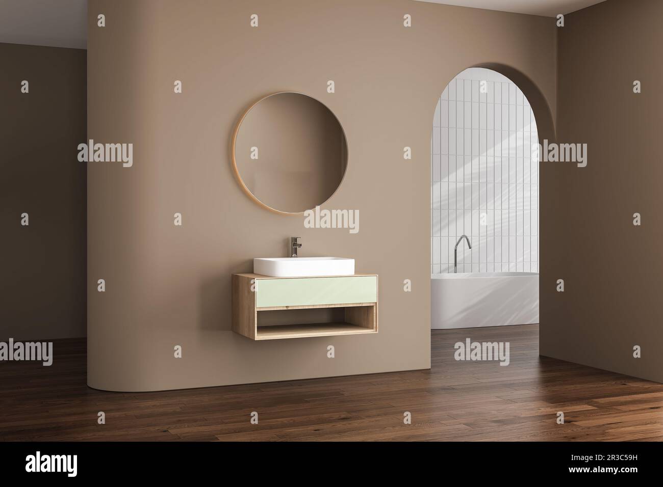 Beige minimalist bathroom interior with sun rays, cabinet, oval mirror ...