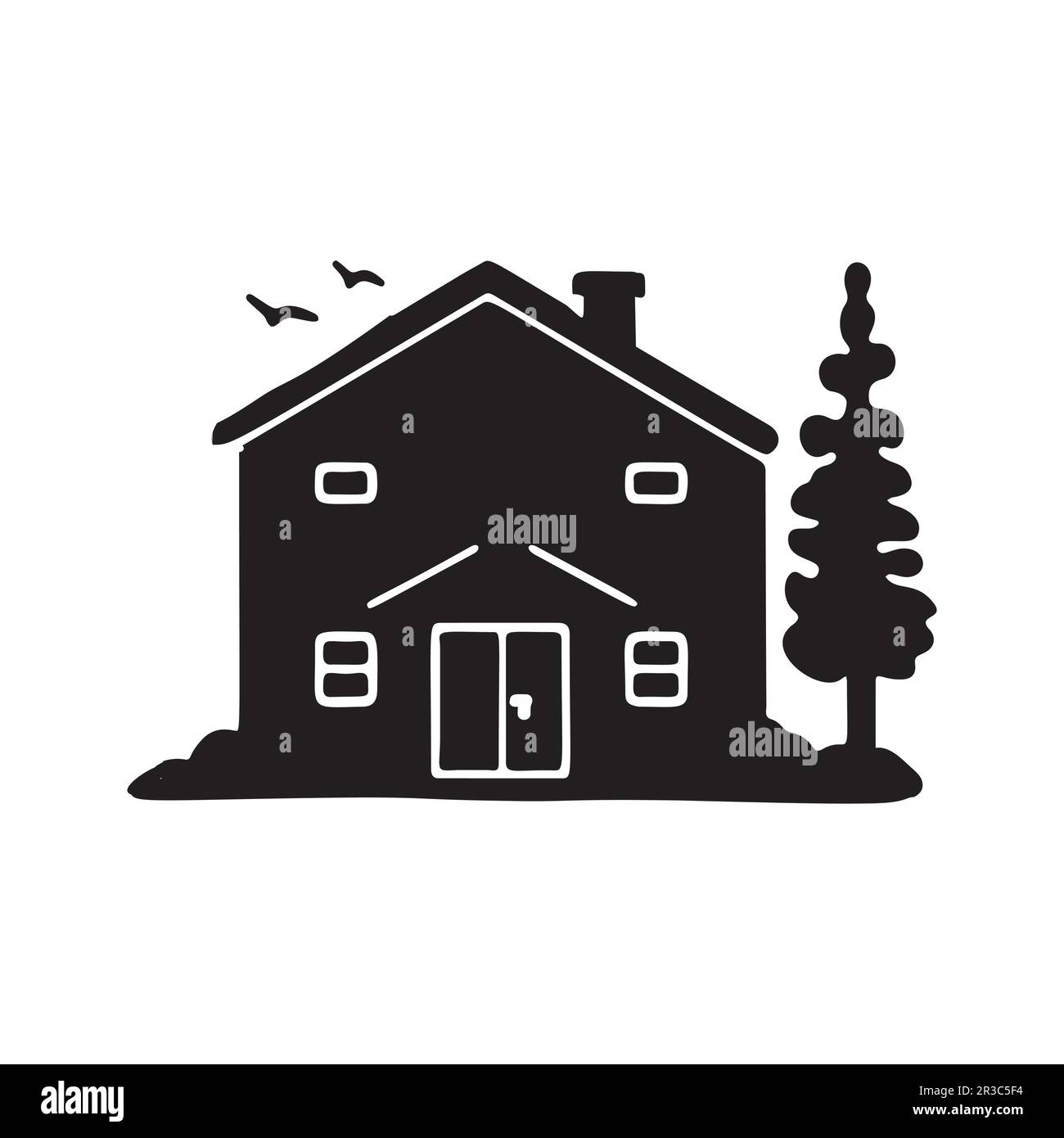 Wooden log cabin in scandi linocut style vector illustration. Alpine ...