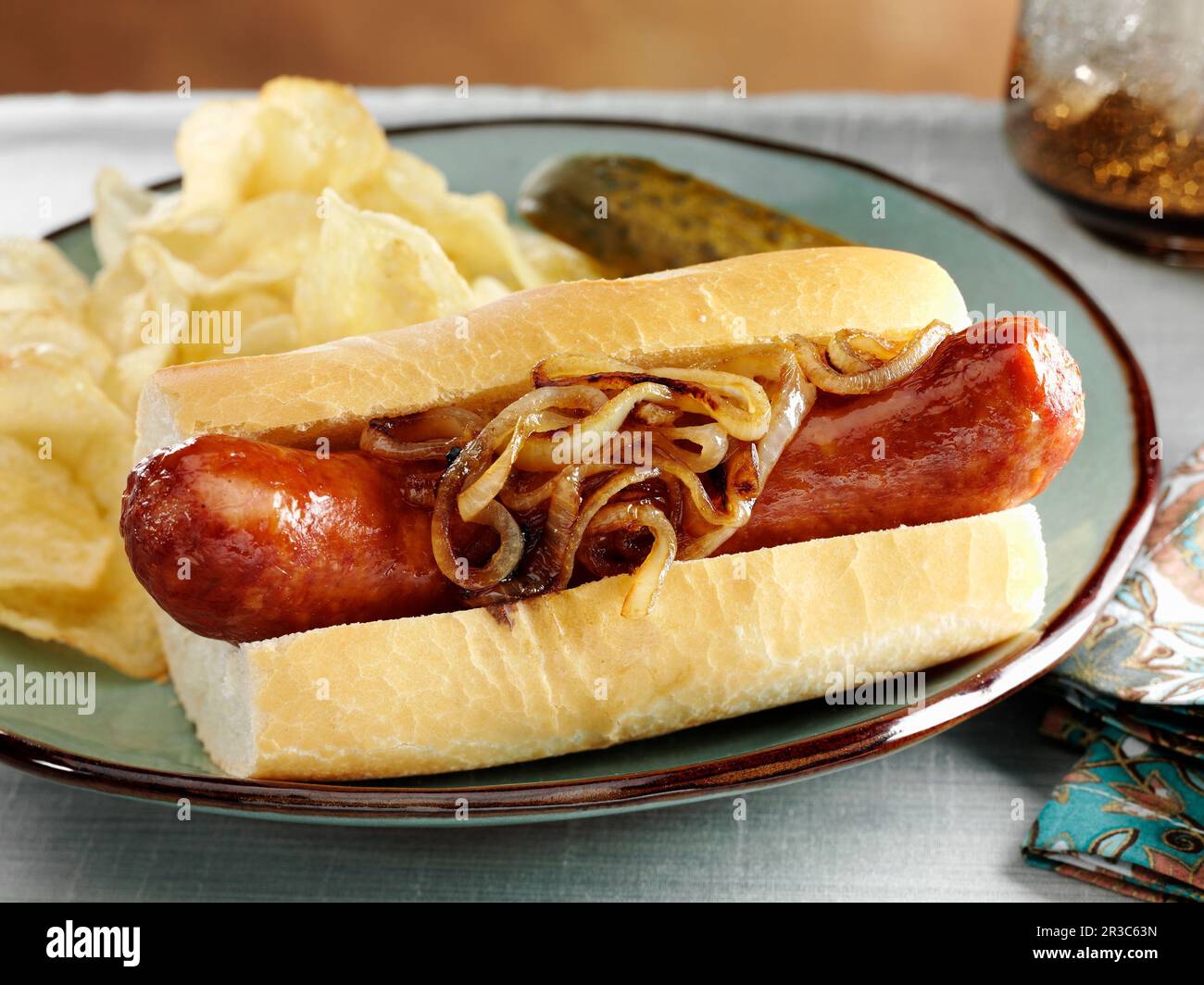 Polish Sausage Kielbasa and grilled onions on Italian bread with potato ...