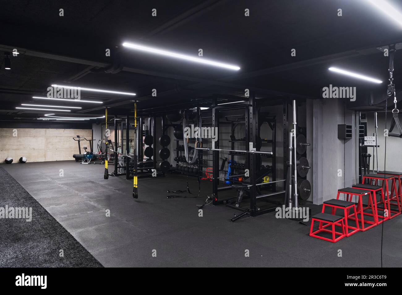 An empty modern gymnasium with a variety of equipment, offering a ...