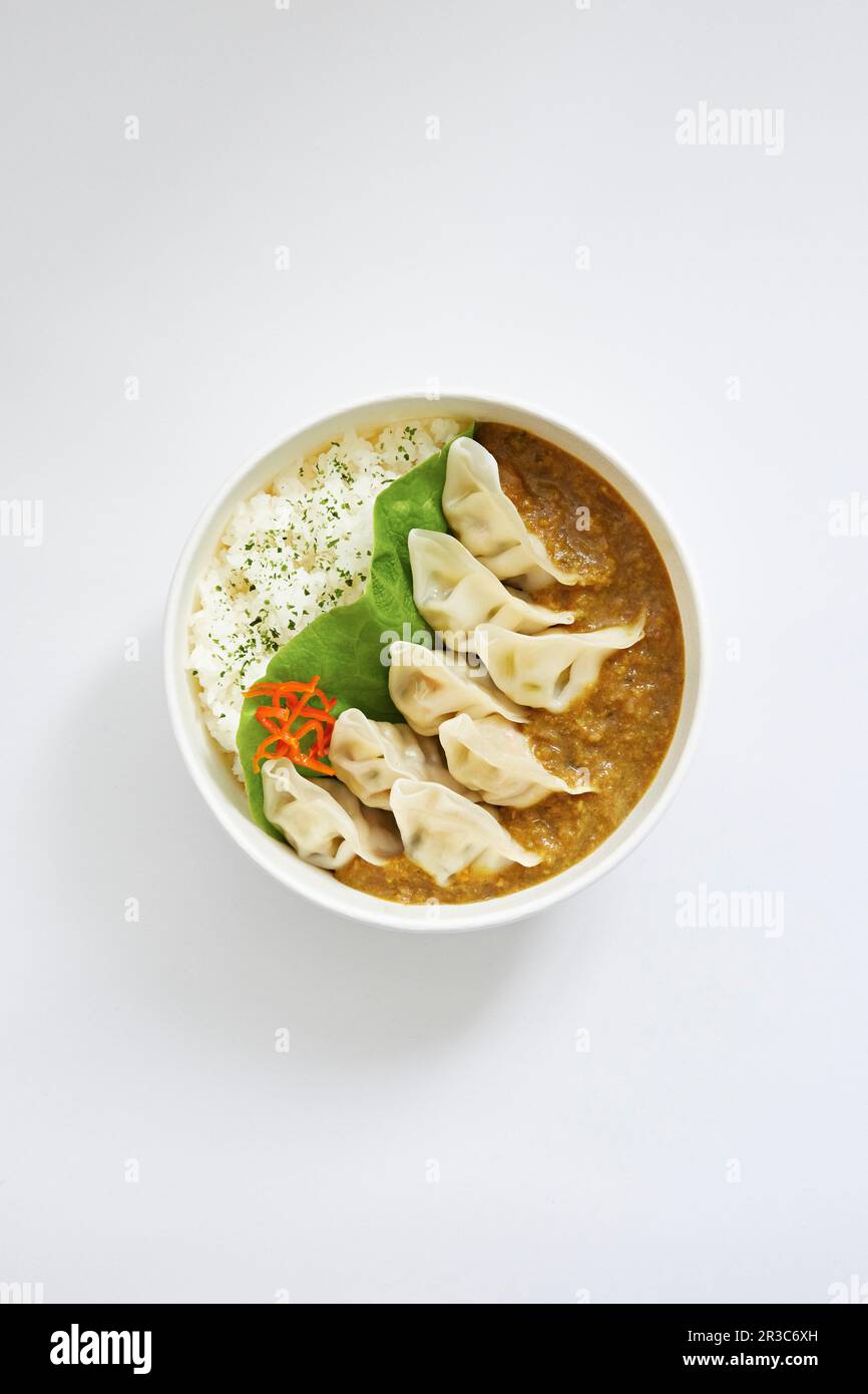 Gyoza (Japanese dumplings) with rice and sauce Stock Photo - Alamy