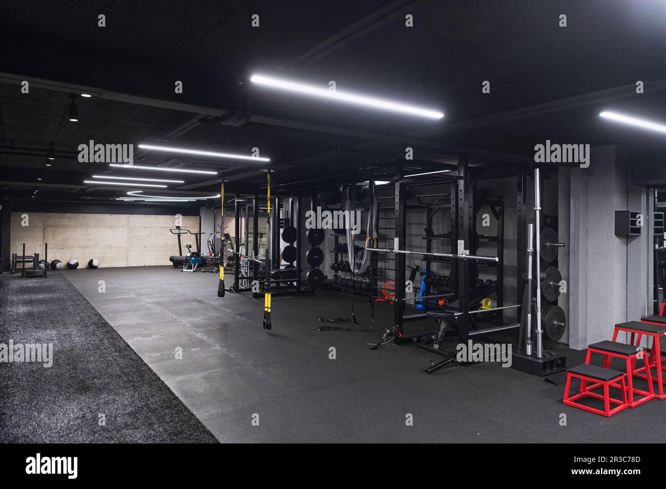 An empty modern gymnasium with a variety of equipment, offering a ...