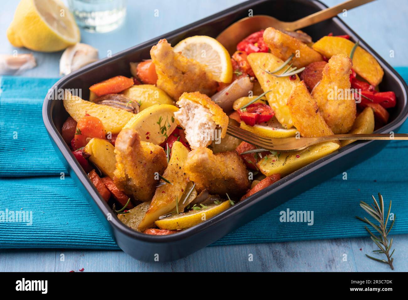 Oven vegetables with vegan chicken wings (made from soy protein Stock ...
