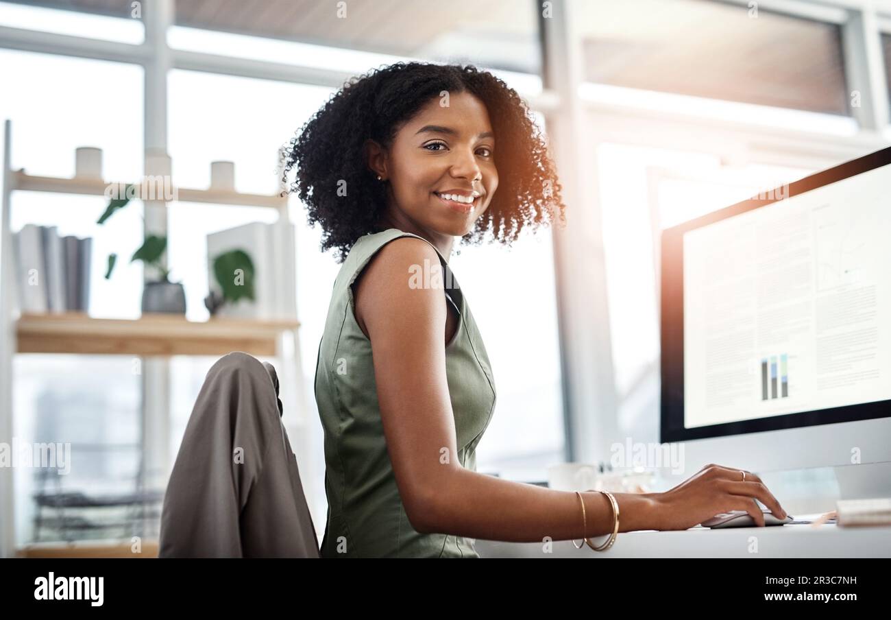 Black woman in business, smile in portrait and computer screen with ...