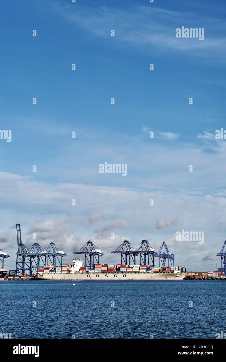 Container ship Cosco Indonesia berthed at the Port of Felixstowe ...
