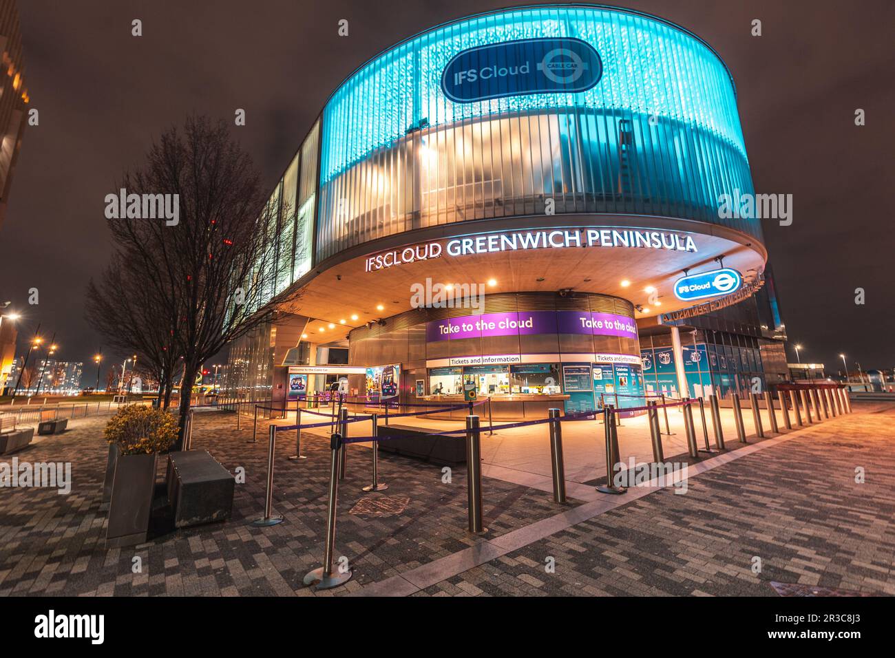 IFS Cloud cable car North Greenwich terminal at night Stock Photo - Alamy