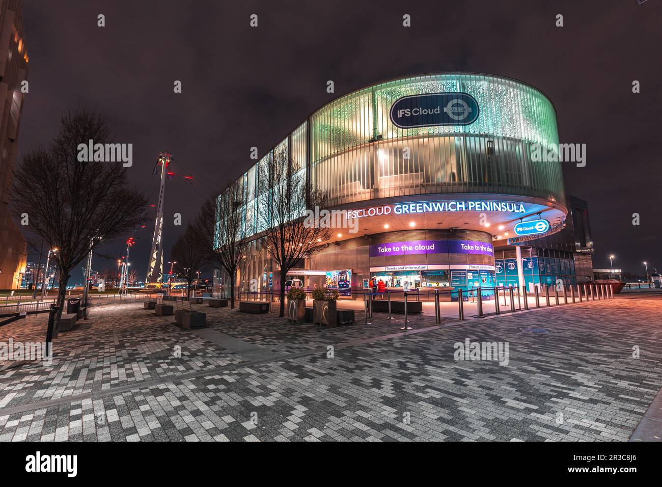 IFS Cloud cable car North Greenwich terminal at night Stock Photo - Alamy