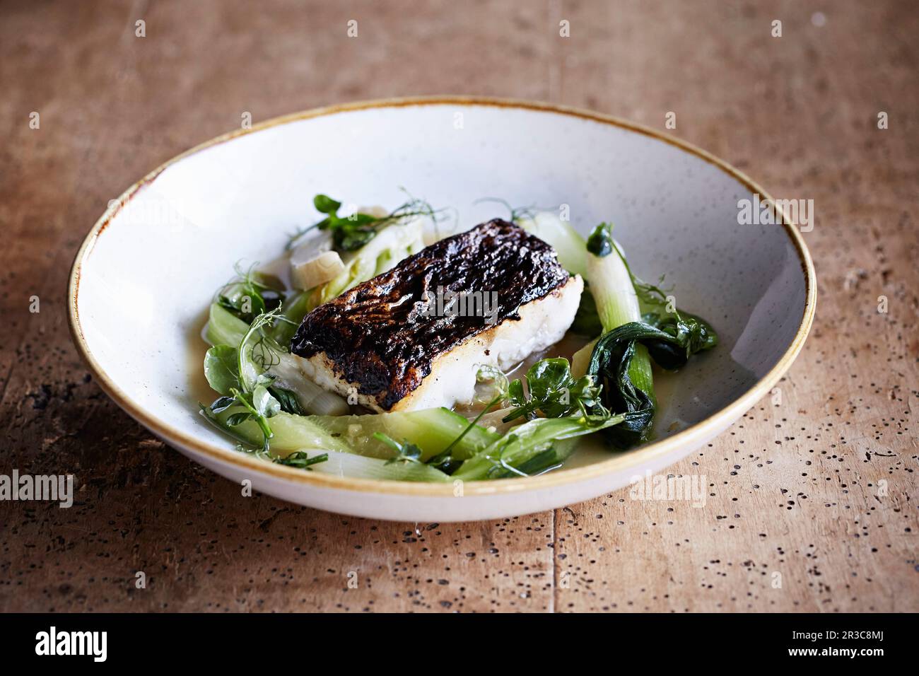 Fish served with baby leeks Stock Photo - Alamy