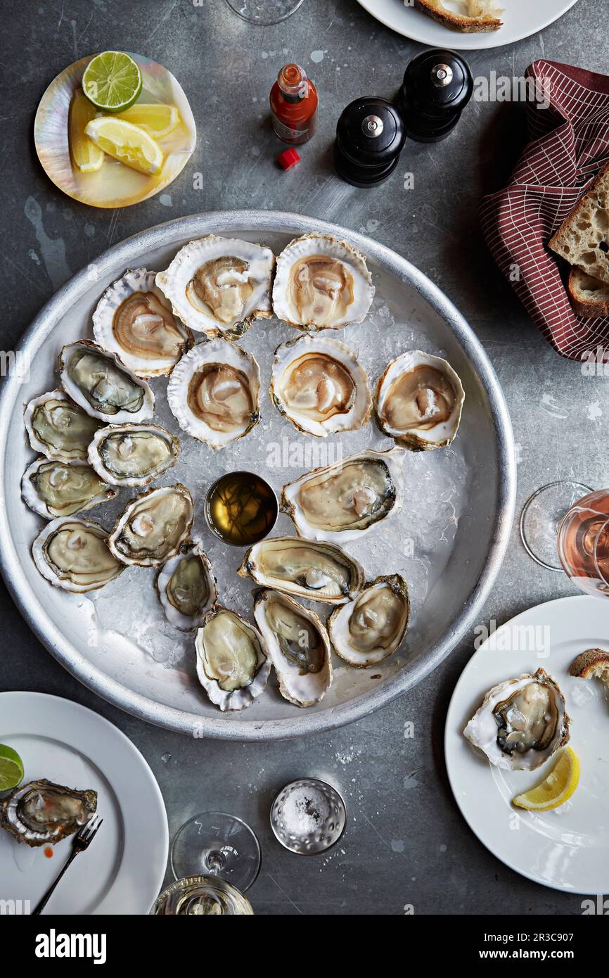 A tray of delicious oysters on ice Stock Photo - Alamy