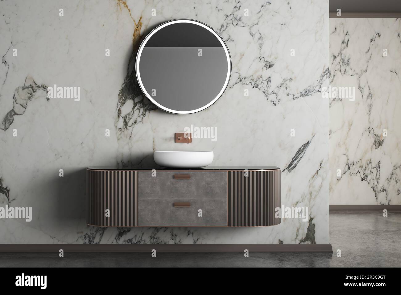 Modern luxury bathroom, white marble walls, bathtub, concrete floor ...