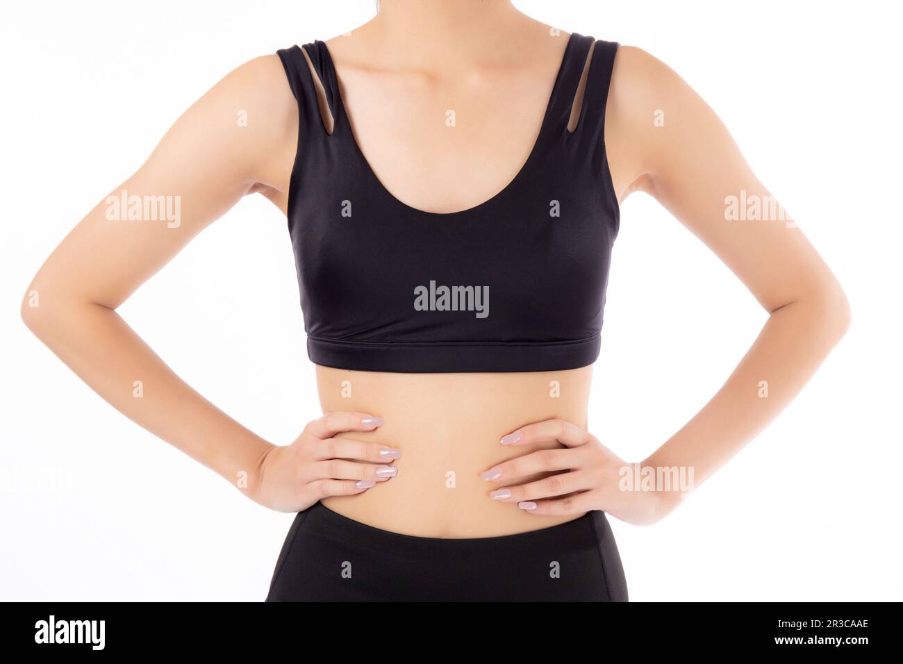 Closeup waist and abdomen of asian woman beautiful with slim isolated on white background ...