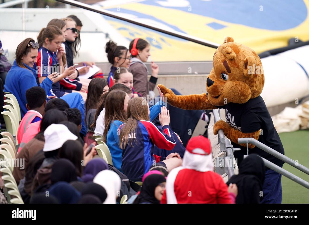 Central Sparks' mascot Hugh Bear with fans during the Charlotte Edwards ...