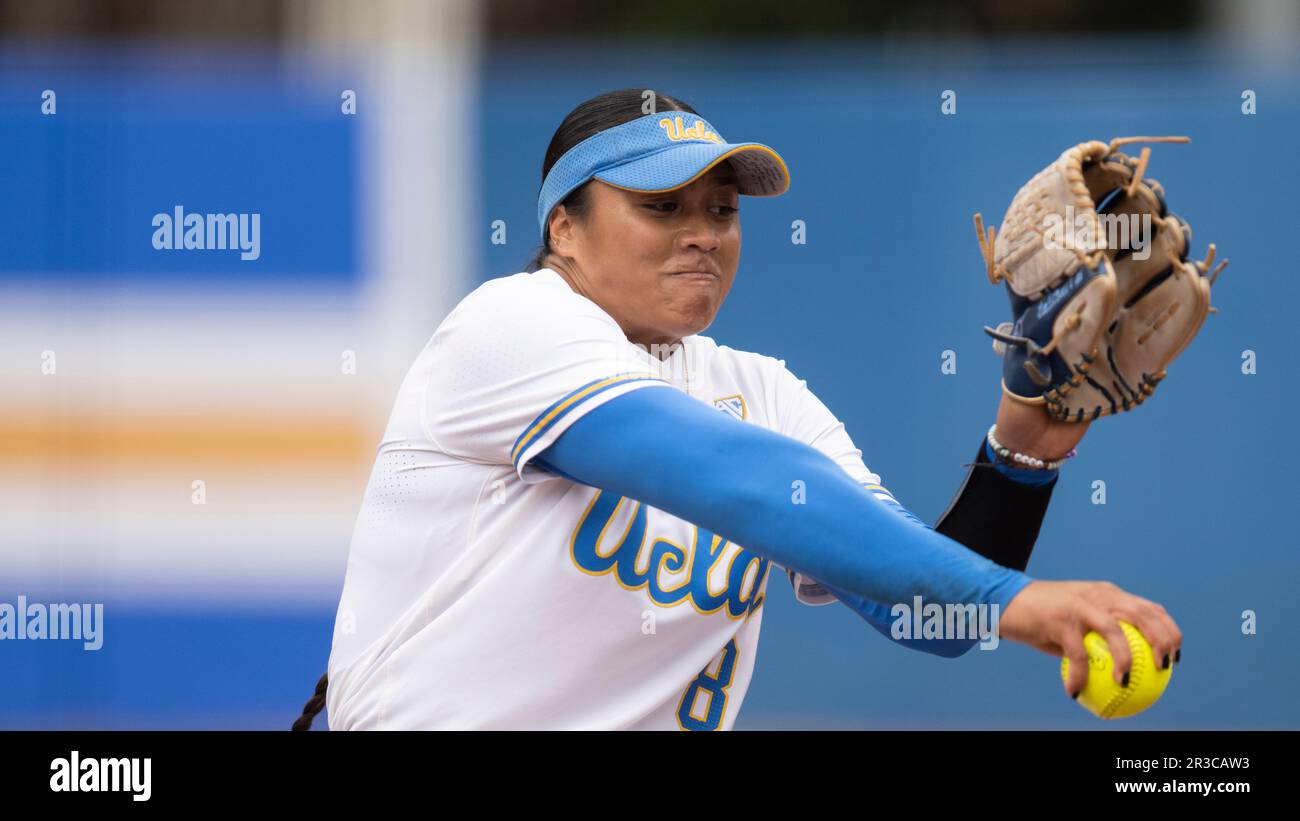 UCLA starting pitcher Megan Faraimo (8) delivers a pitch during an NCAA softball game against ...
