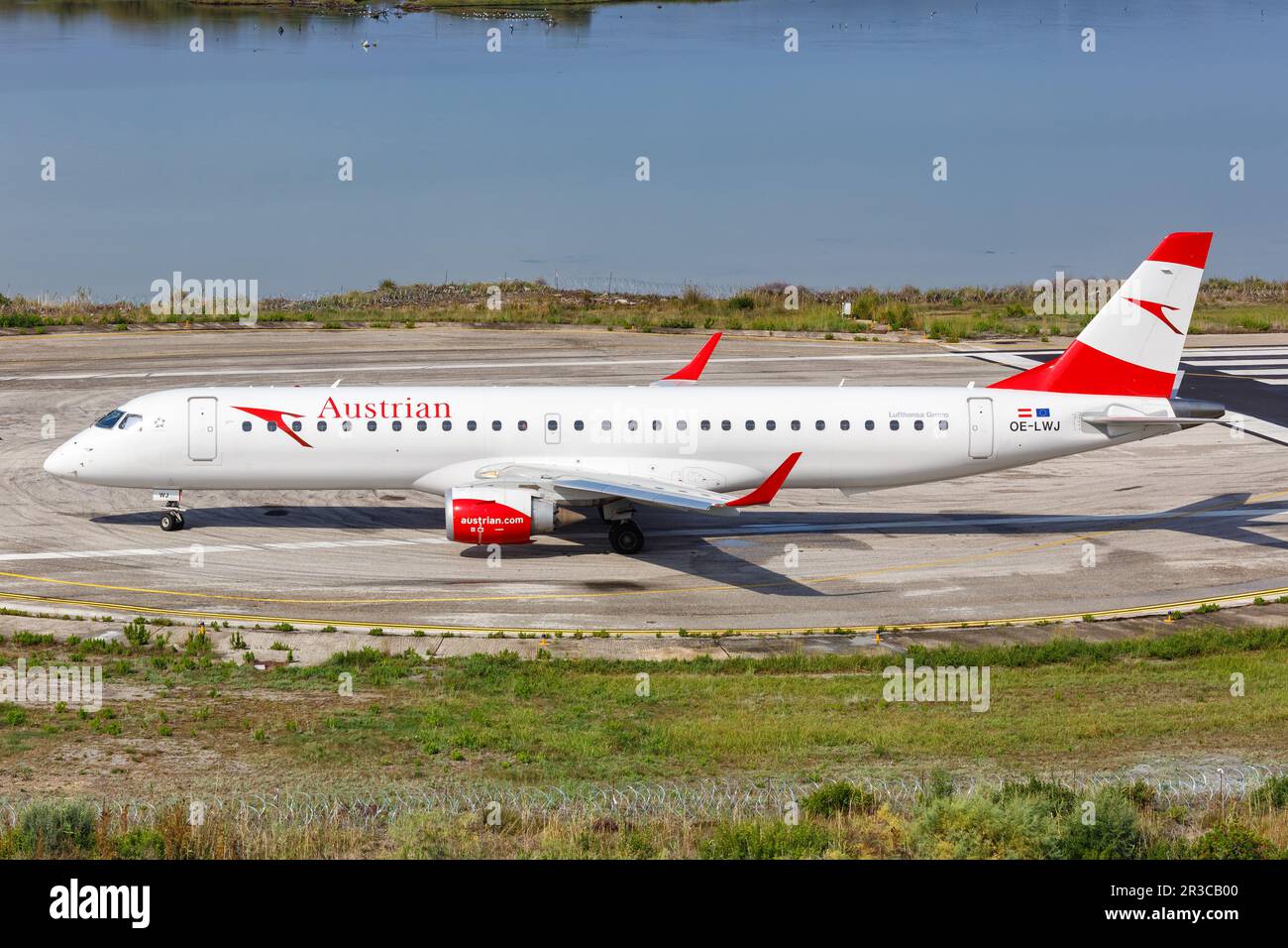 Austrian Airlines Embraer 195 aircraft Corfu Airport in Greece Stock ...