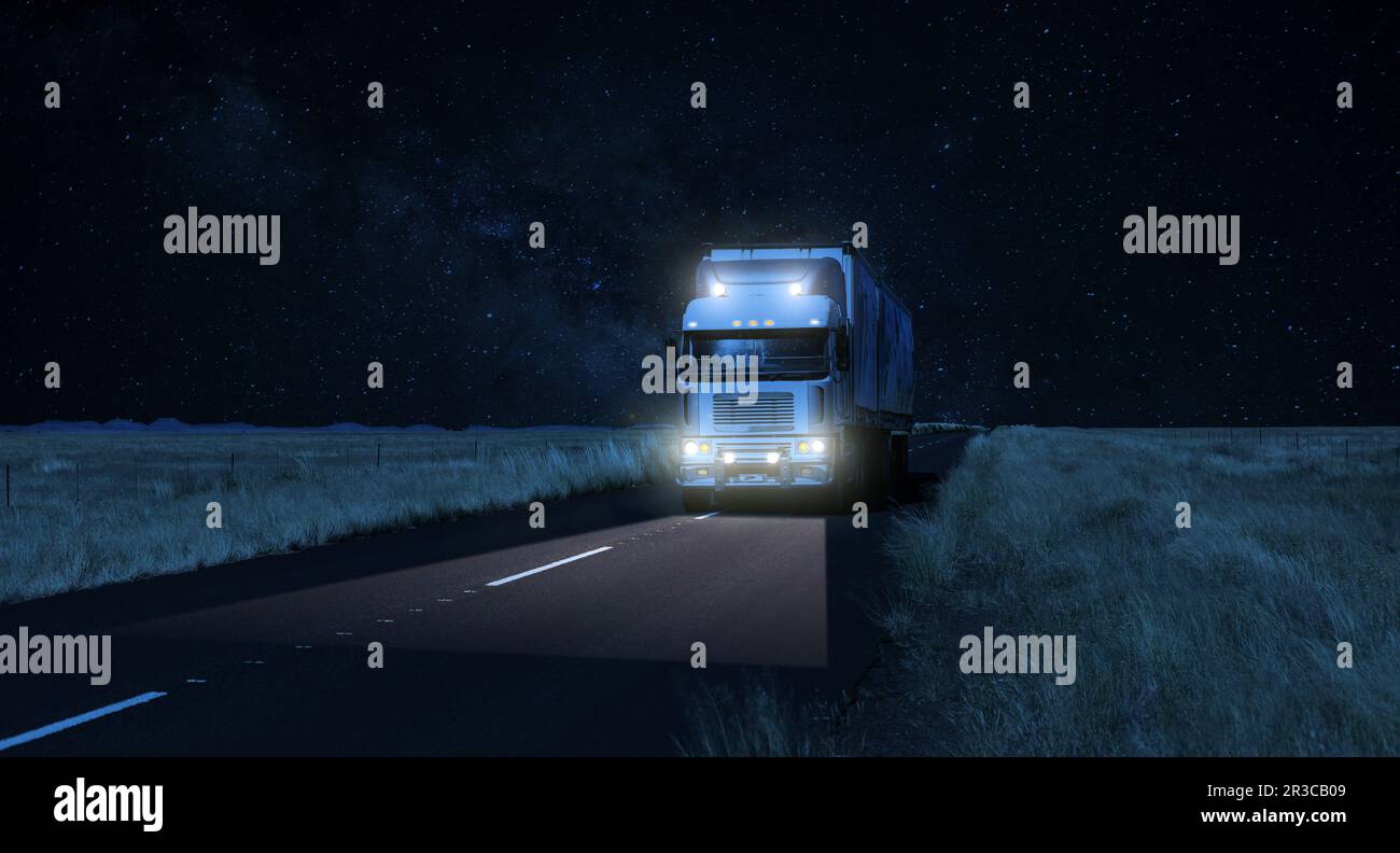 Long Haul overnight Trucking Logistics on a dark country highway road ...