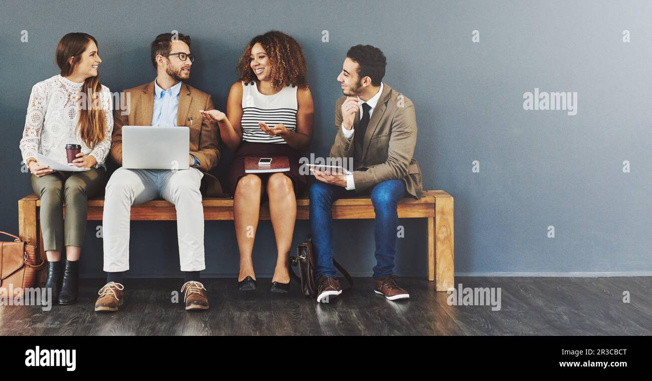 Business people, hiring wait and work conversation before a job ...
