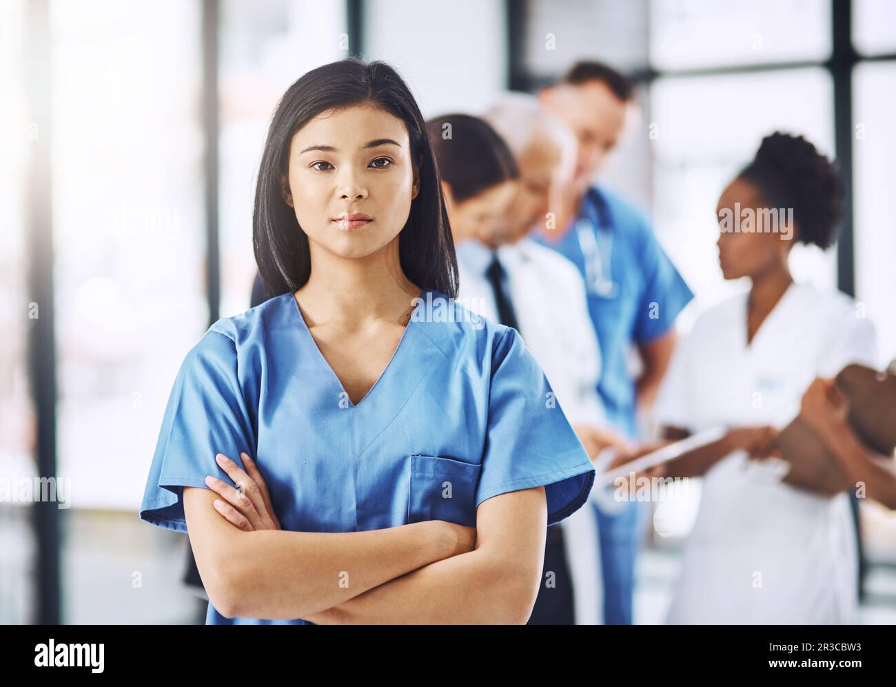 Healthcare, confidence and portrait of nurse with arms crossed in ...