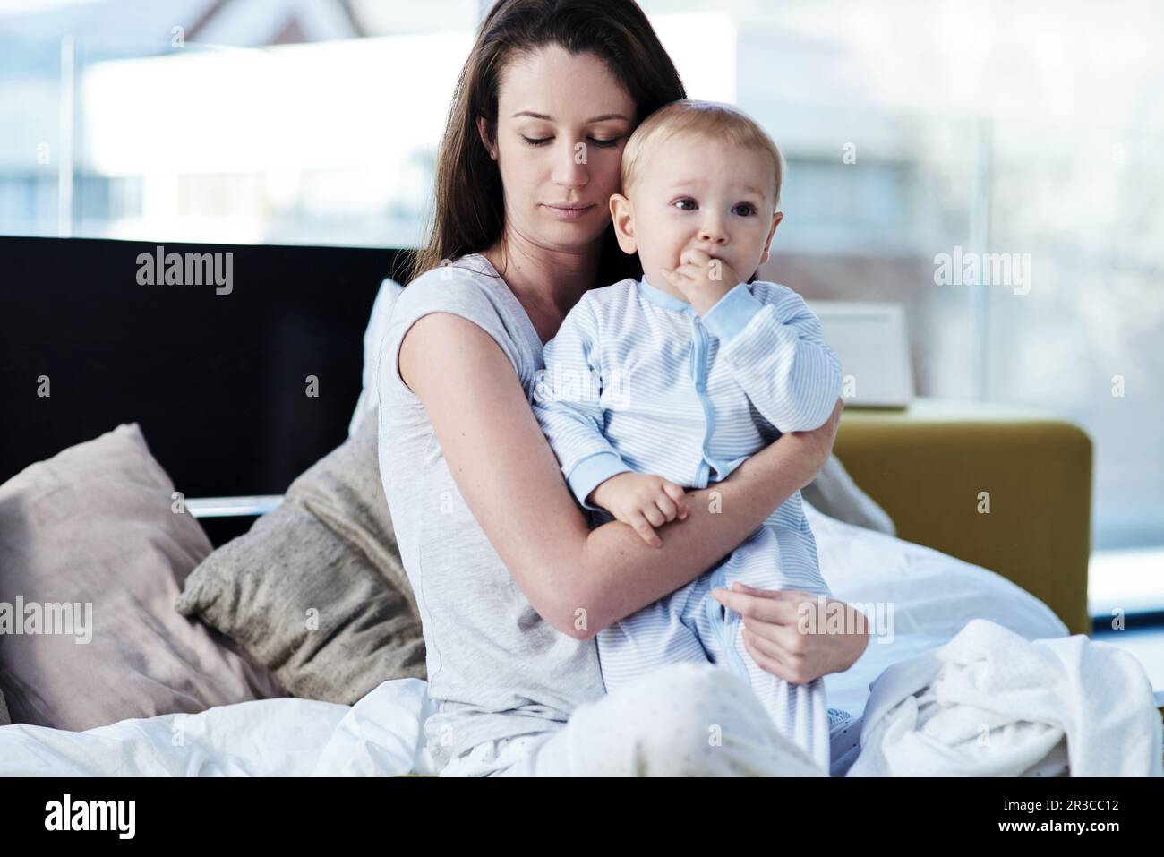 Postpartum, child and mom is sad in the bedroom with mental health and ...