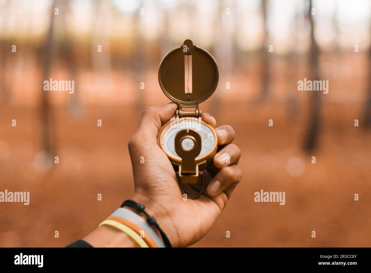 Traveler holding compass in hand, Blurred background Stock Photo - Alamy