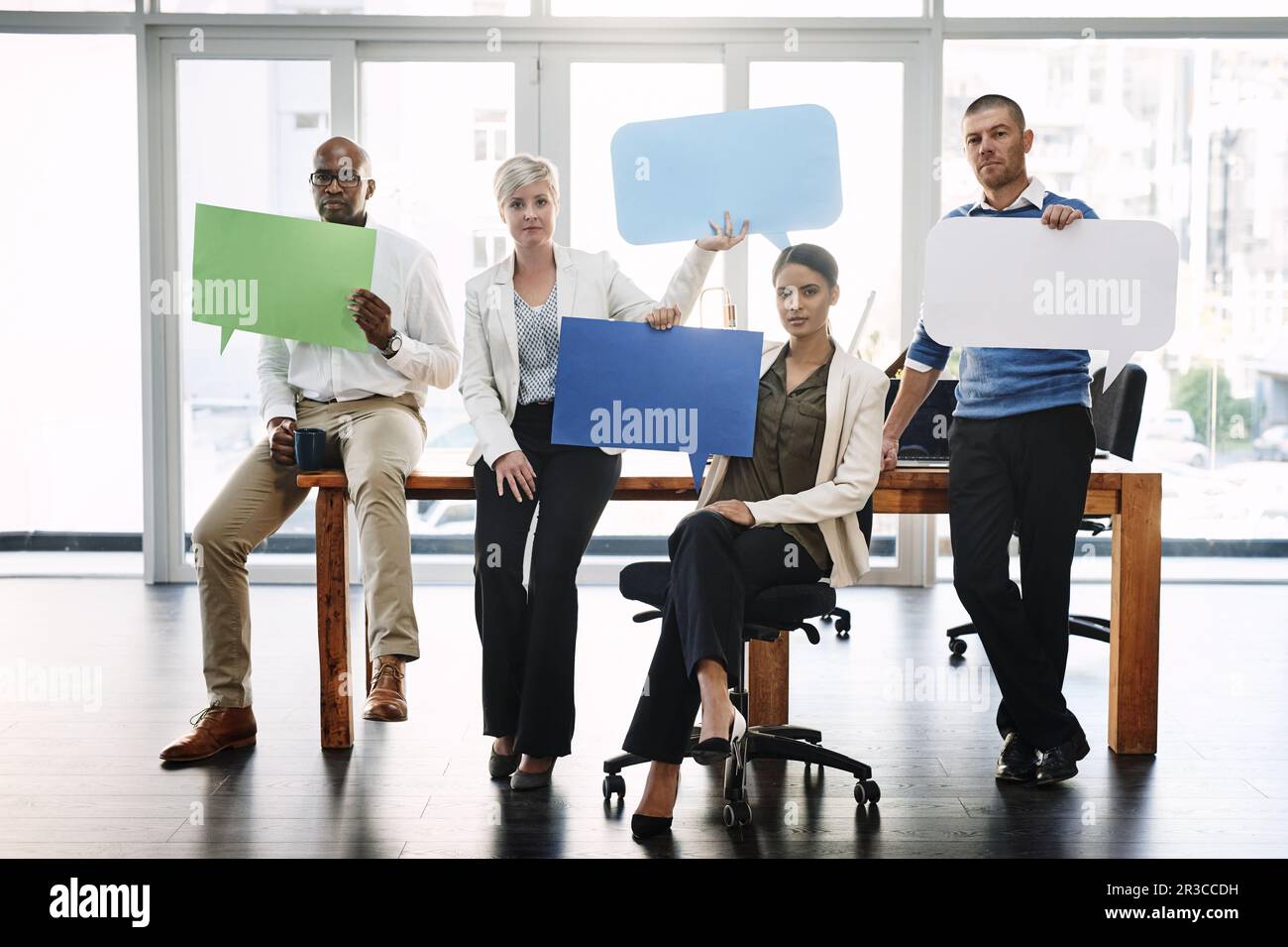 Business people, speech bubble and team portrait for diversity, mission ...