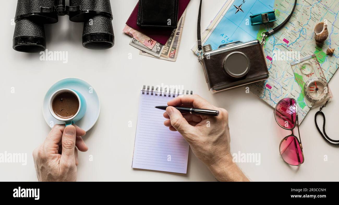 Flat Lay Top View vintage Map for planning a trip or vacation with scattered items Stock Photo ...