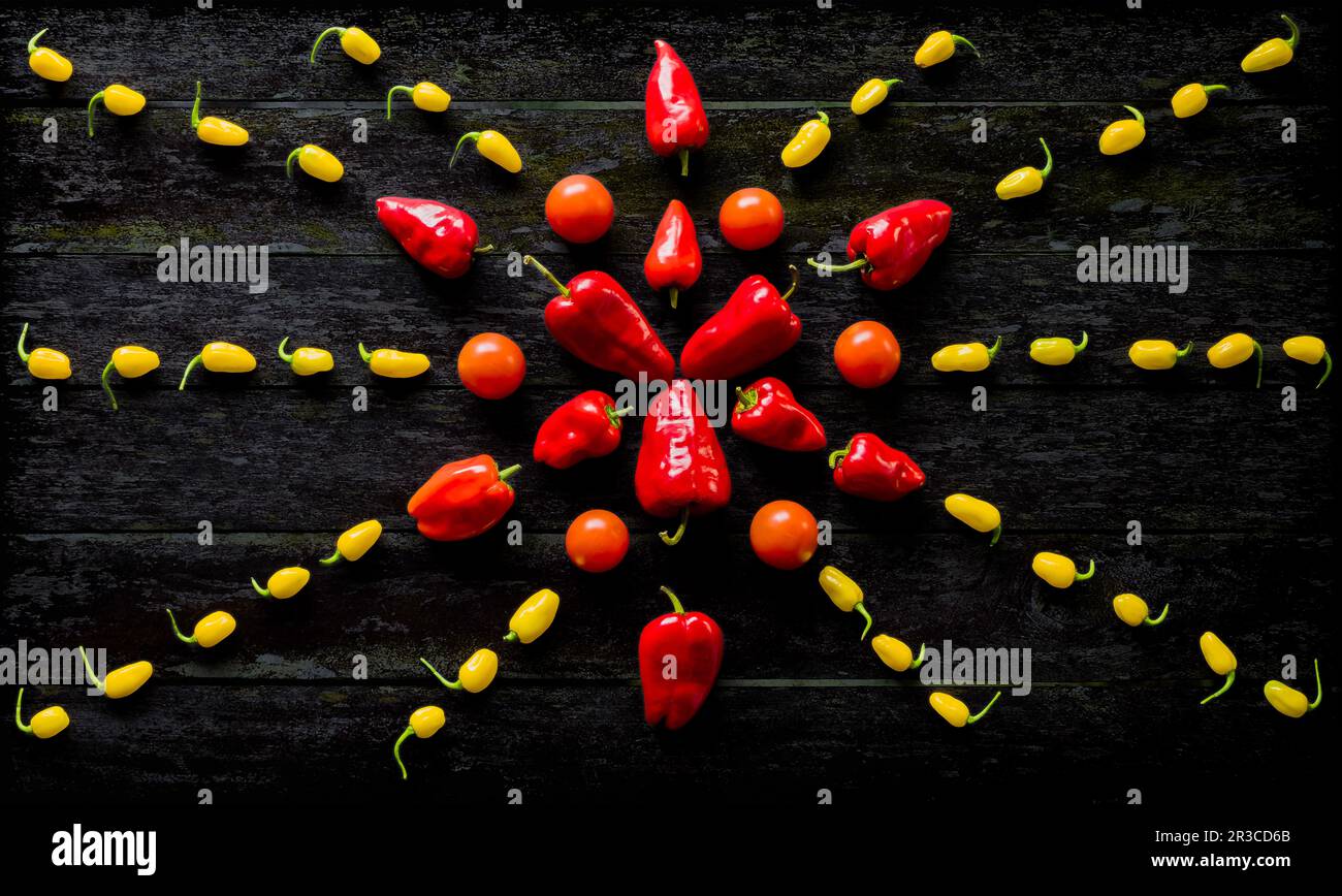 Flat Lay Top View Geometric pattern with Tomato and Chili Pepper Stock ...