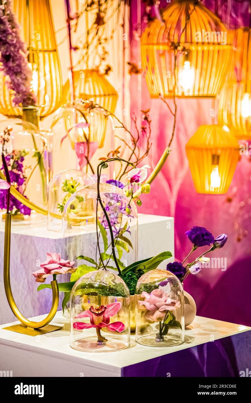 Flower table arrangement at corporate party event Stock Photo - Alamy