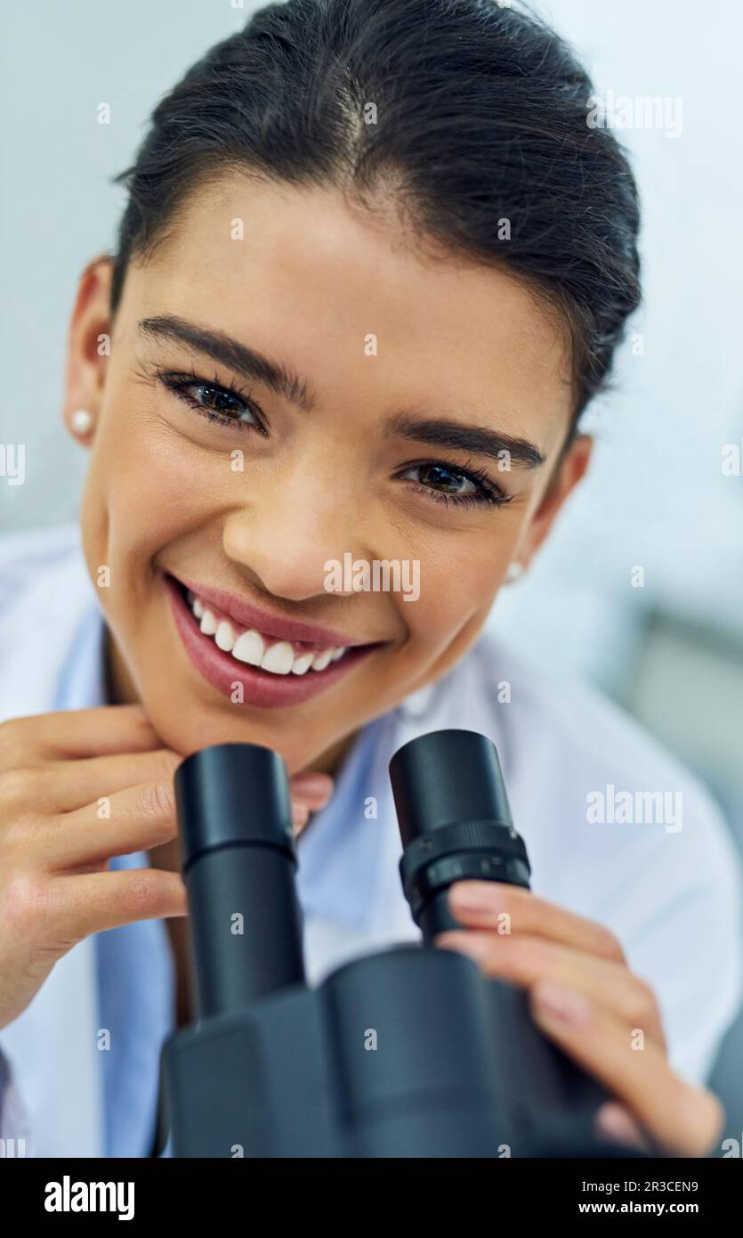 Face, woman and scientist smile with microscope in lab for medical ...