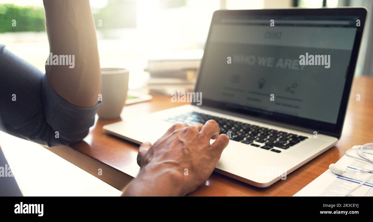 Laptop, screen and hands of businessman typing a project, professional ...