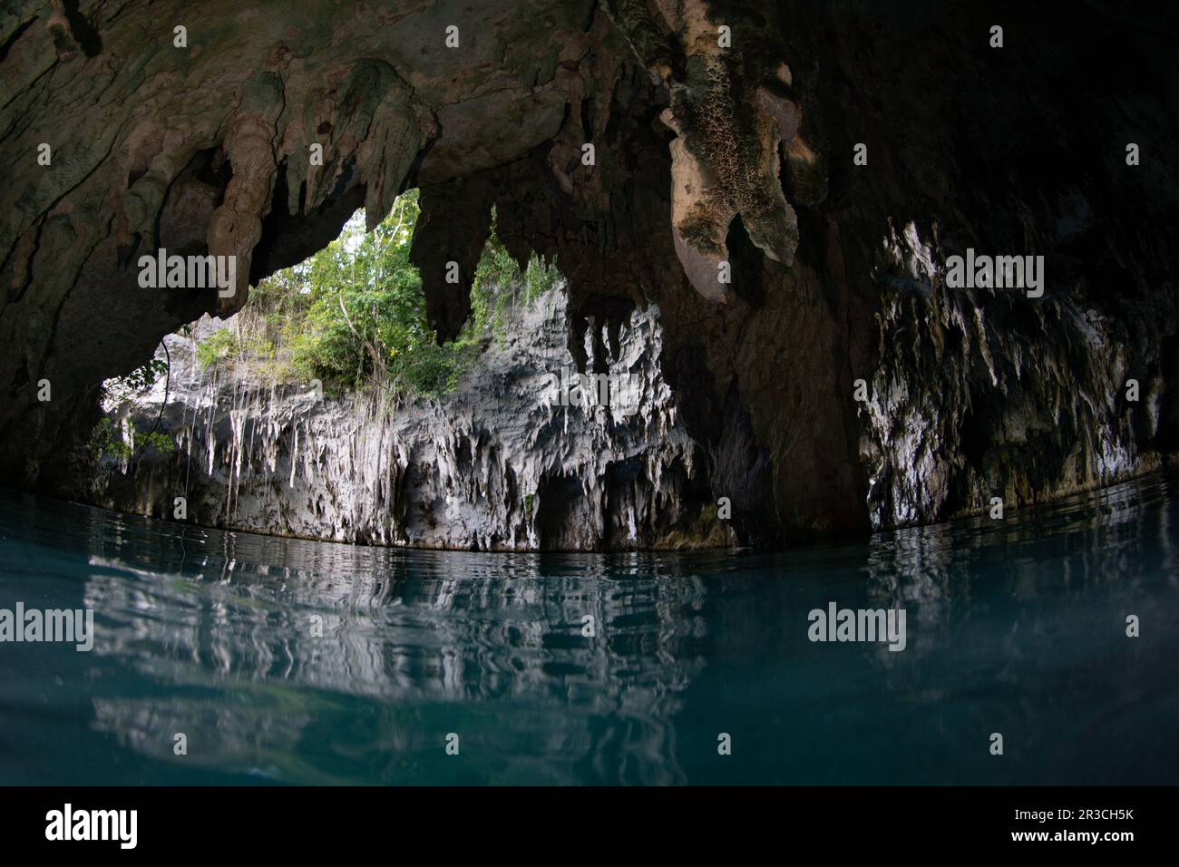 Stalactites hang down from the roof of a collapsed, water-filled cave ...